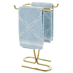 mDesign Decorative Modern Metal Fingertip, Hand Towel Holder Stand - for Bathroom Vanity Countertops to Display and Store Small Guest Towels - 2-Sided, 14" High - 2 Pack - Soft Brass