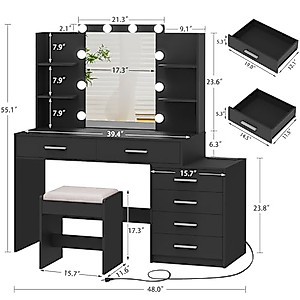 Quimoo 48" Large Vanity Desk with Mirror and Lights, Makeup Vanity with 6 Drawers, Power Outlet, Vanity Makeup Mirror Desk Table Set with 4 Storage Shelves & Stool, Best Gift for Women Girls,Black