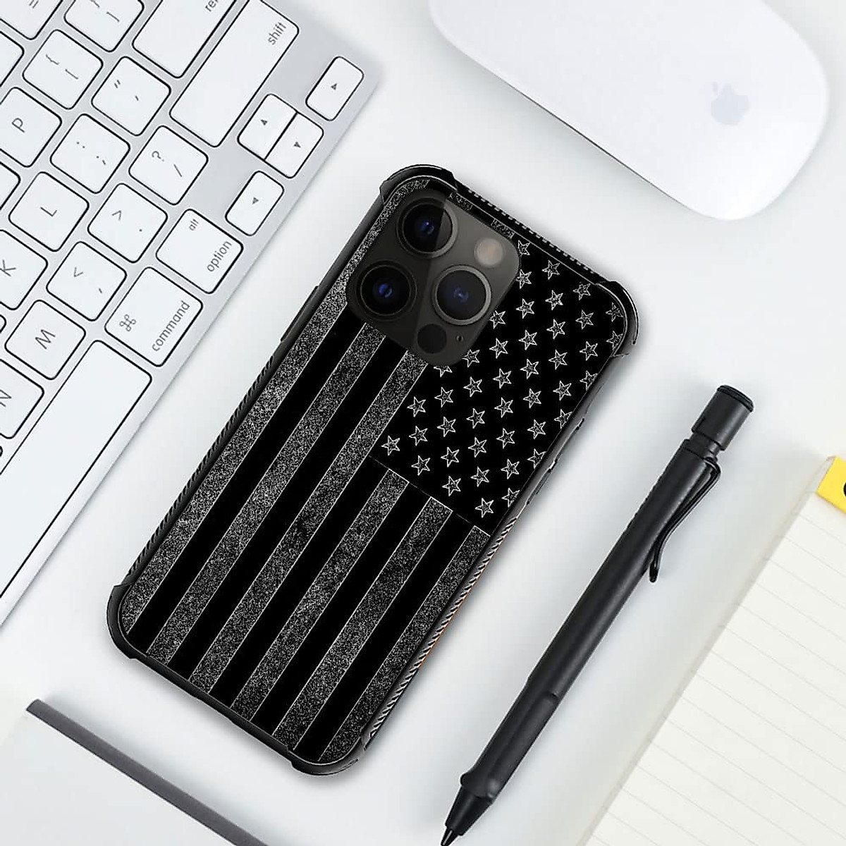 ZHEGAILIAN iPhone 14 Pro Max Case, Black and White American Flag, Shock-Absorbent TPU, Tempered Glass Back, 6.7-inch