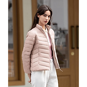 BOSIDENG Lightweight Women's Down Jacket Portable Water-Resistant Puffer Jacket Fall Coat with Stand Collar for Travel(Light Pink,XXL)