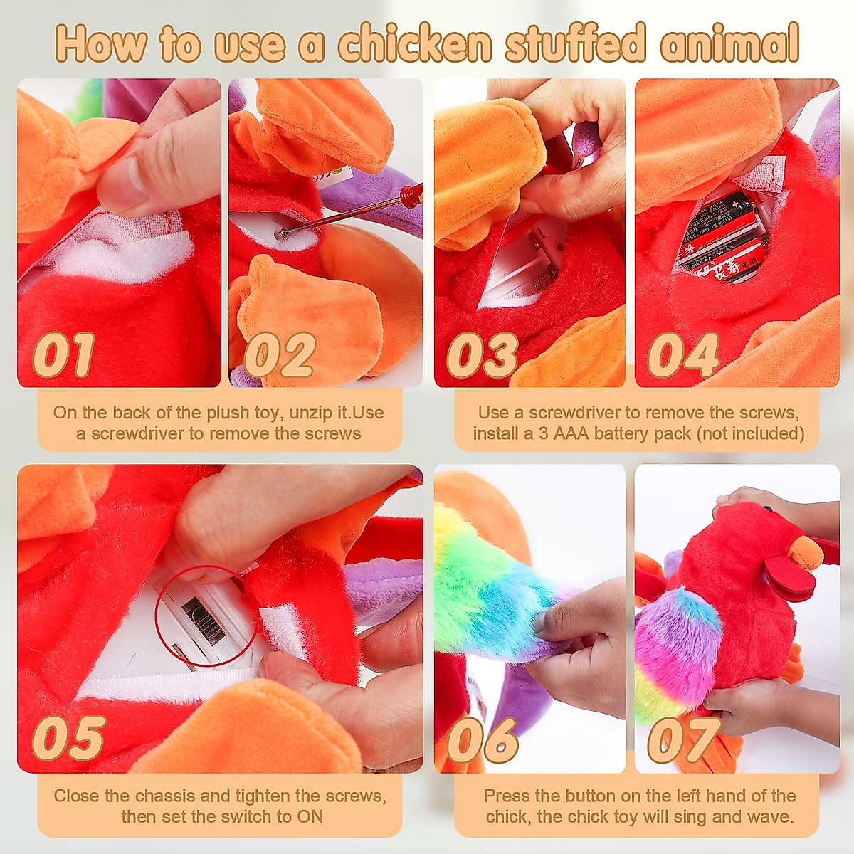 SdeNow Musical Squawking Chicken Stuffed Animal Walking Singing Waving Rooster Fun Electronic Interactive Animation Plush Toys Gifts for Kids