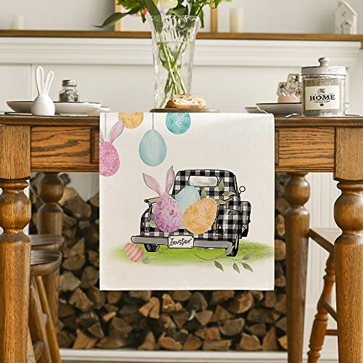 Artoid Mode Eggs Buffalo Plaid Truck Easter Table Runner, Spring Seasonal Holiday Kitchen Dining Table Decor for Indoor Outdoor Home Party Decoration 13 x 72 Inch