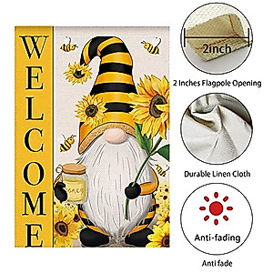 WODISON Welcome Spring Summer Garden Flag Sunflower Gnome Floral Bee Flag, 12 x 18 Inch Vertical Double Sided Burlap Banner for Outdoor Seasonal Decoration (ONLY FLAG)