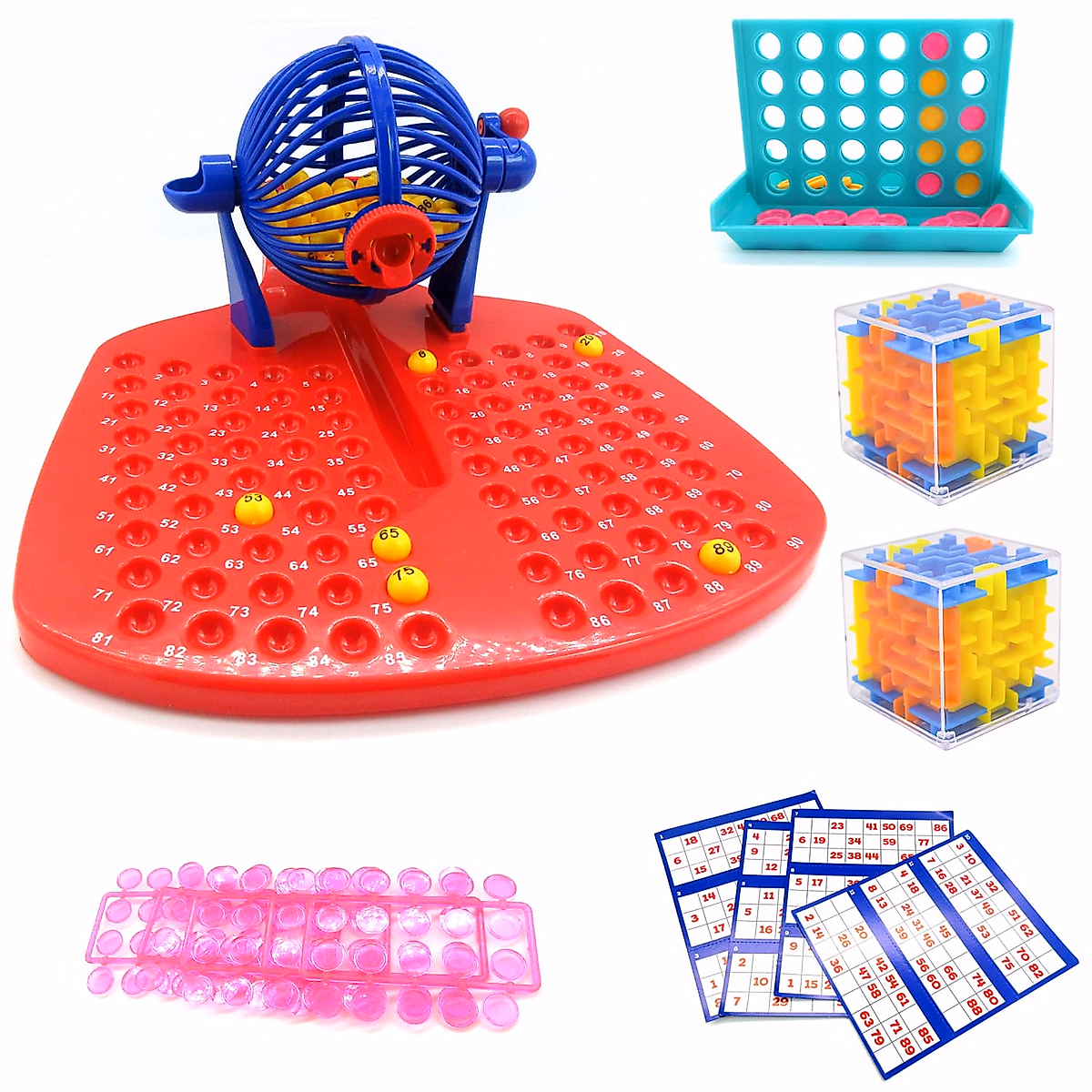 Bingo Game Set with 2.75 Inch Bingo Cage,100 Colorful Bingo Chips & Mini 4 in a Row Board Game with 30 Discs for Holiday