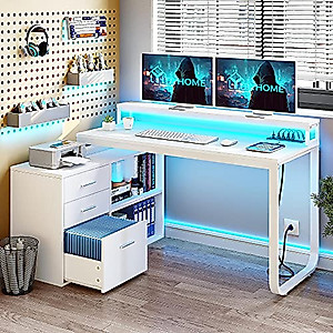 YITAHOME L Shaped Desk with Power Outlets & LED Lights & File Cabinet, 55" Corner Computer Desk with 3 Drawers and 2 Storage Shelves, Home Office Desk with Monitor Stand, White