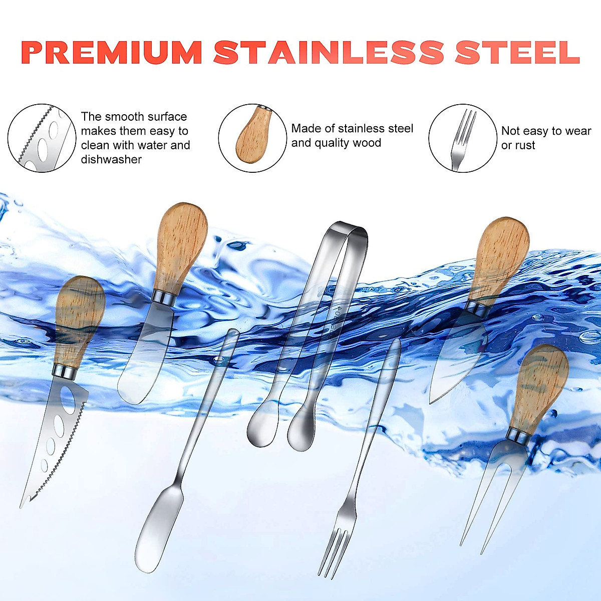 48 Pieces Cheese Knife Set Include 8 Pieces Stainless Steel Cheese Spatula Set with Wooden Handles 40 Pieces Stainless Steel Cheese Spatula Set for Birthday Wedding Christmas