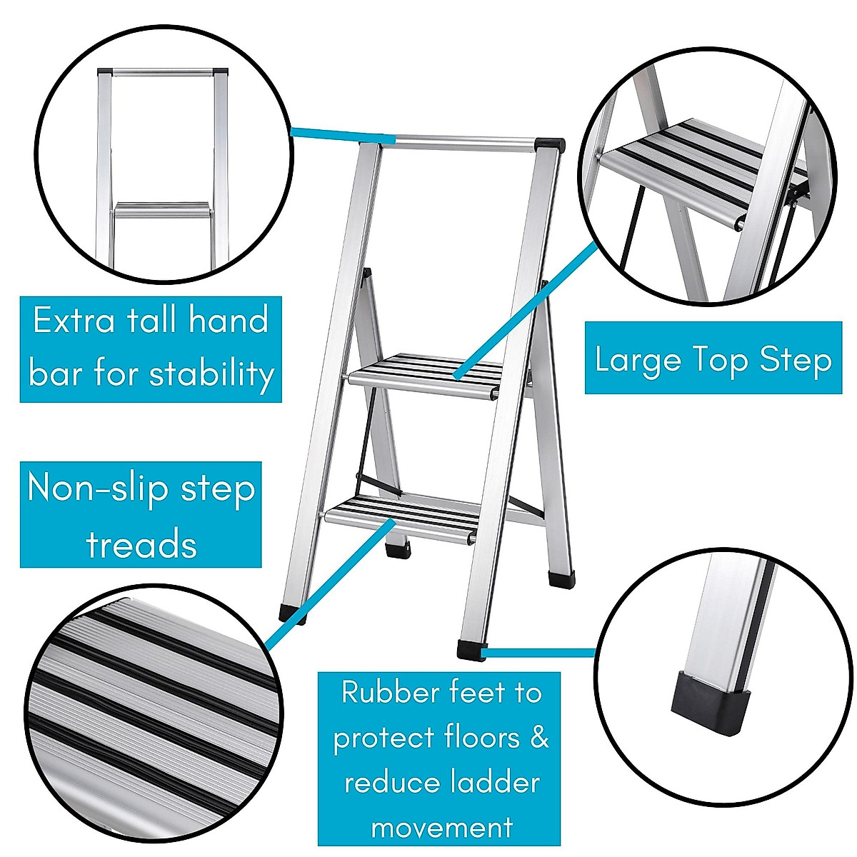 2 Step Ladder | 2 Anti-Slip Steps | Folding Step Stool | 250 lb. Capacity