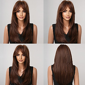 Doremiy Brown Wig with Bangs Natural Medium Length Straight Wigs for Women Heat Resistant Fiber Synthetic Wigs for Daily Cosplay