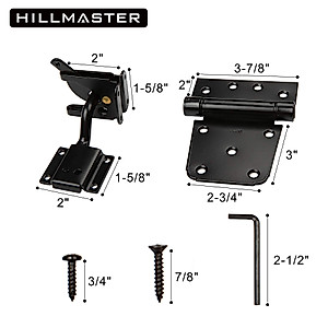 HILLMASTER Heavy Duty Gate Latch Kit for Wooden Vinyl Fence, 1 Pack Self-Locking Gate Latch and 2 Pack 3.5” Spring Tee Hinges, Gate Fence Hardware Set, Black Finish