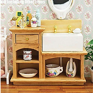EatingBiting Mini House Bathroom Kitchen Decor Sink 1/12 Wooden Wash Basin Cabinet with Ceramic Hand Sink for Bathroom Kitchen Decoration Accessories