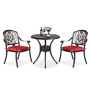 TITIMO 3 Piece Cast Aluminum Patio Dining Set,Outdoor Furniture Bistro Set, All-Weather Cast Aluminum Conversation Set Includes Table and Chairs w/Cushions and Umbrella Hole for Patio Garden (Red)