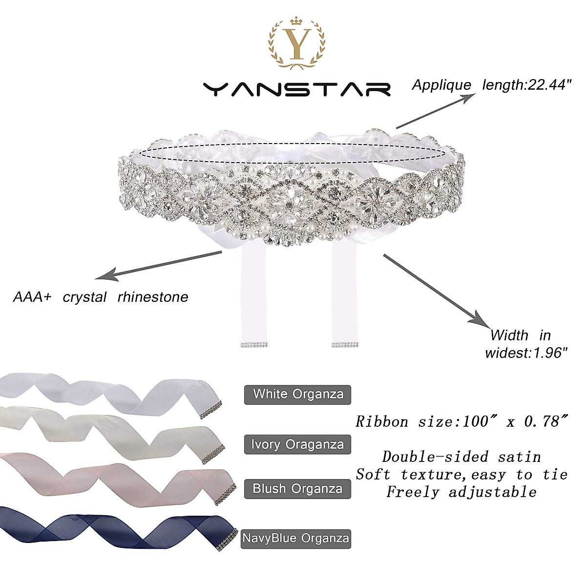 yanstar Bridal Rhinestone Wedding Belts Hand Clear Crystal 22In Length with White Organza Ribbon for Bridal Gowns
