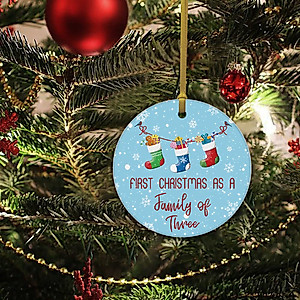 REWIDPARTY Our First Christmas as a Family of Three Ceramic Ornament Christmas Socks Gift for Baby New Parents Baby First Christmas Tree Decor 3" Circle Ceramic Ornament with Gold Ribbon & Gift Box