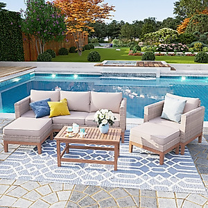 PHI VILLA Patio Conversation Set (Beige, 5 Pcs Set w/3-seat Sofa)