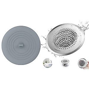 1 Pcs Bathtub Drain Hair Catcher, Reversible 304 Stainless Steel Drain Protector & 1 Pcs Large Silicone Sink Stopper, 5.9 Inch Flat Suction Cover for Kitchen Sink Bathroom Accessories and Laundry