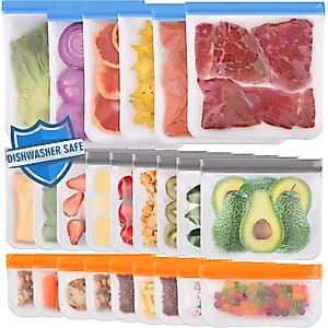 24 Pack Dishwasher Safe Reusable Bags Silicone, Extra Thick Leakproof Reusable Freezer Bags, BPA Free Reusable Sandwich Bags for Lunch Meat Veggies (6 Gallon 9 Snack 9 Sandwich Bags)