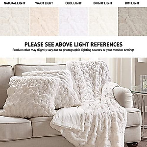 Comfort Spaces Ruched Faux Fur Plush 3 Piece Throw Blanket Set Ultra Soft Fluffy with 2 Square Pillow Covers, 50"x60", Ivory