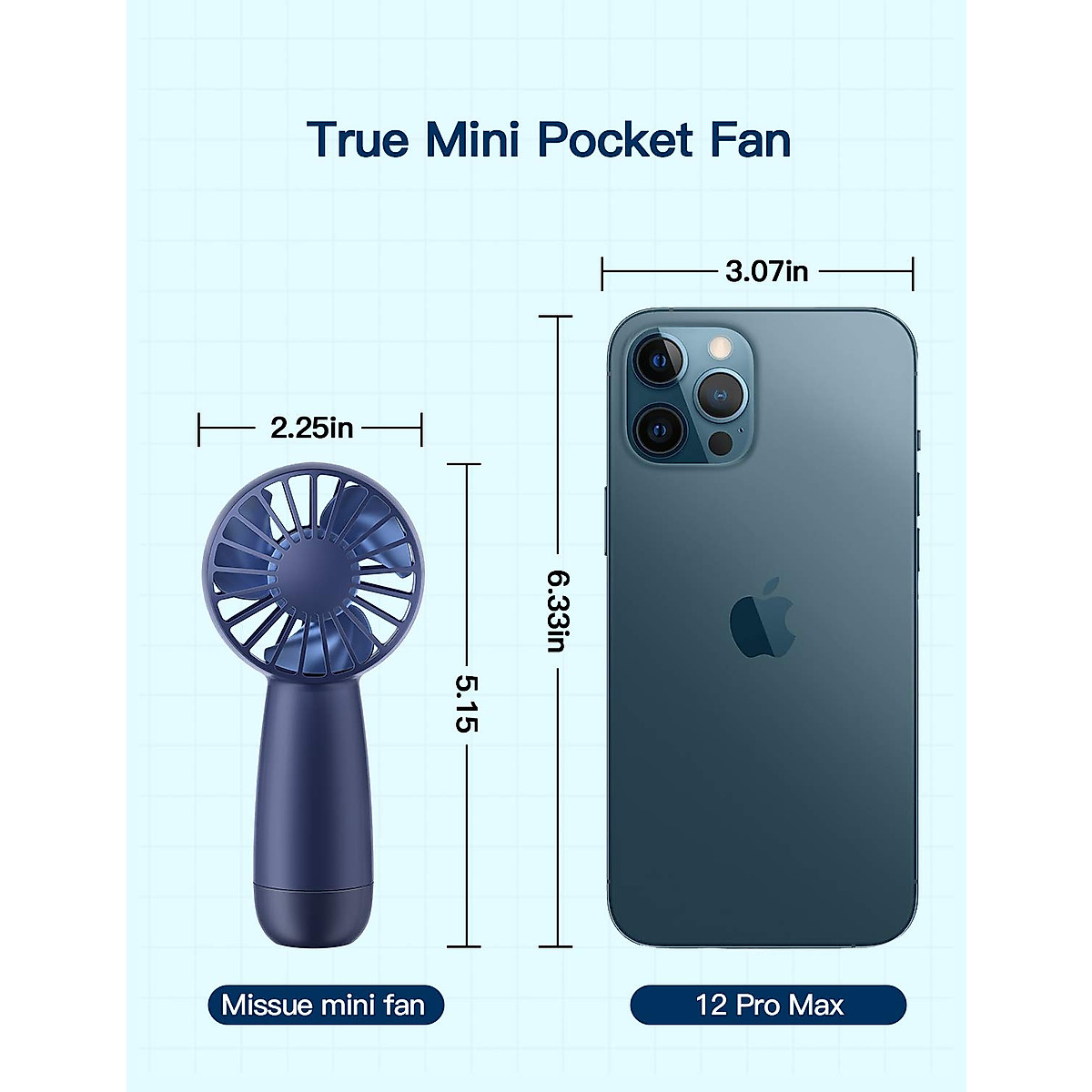 MISSUE Mini Handheld Fan, Portable Battery Operated Fan with Lanyard, Personal Pocket Fan with 3000mAh Rechargeable Battery, 5-10 Hrs Running Time, Navy Blue
