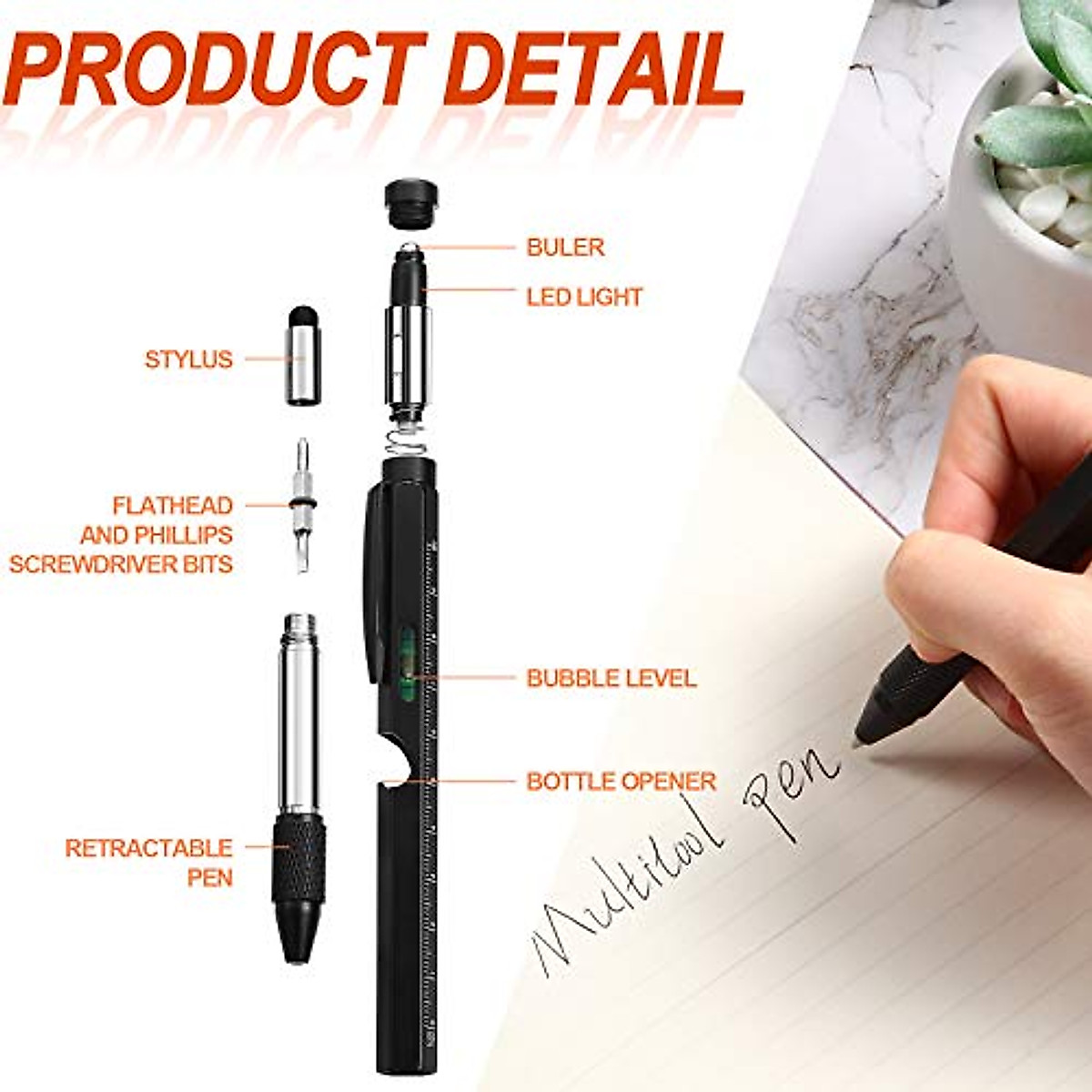 2 Pieces Multitool Pen Set Flathead Tool Pen Bottle Opener Pen Screwdriver Touch Screen Stylus Pen LED Light Pen Ruler Level Ballpoint Pen for Men Women Father Husband Present