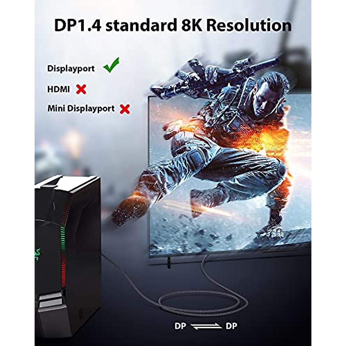 Stouchi DisplayPort Cable 1.4, 8K 6.6FT DP Cable 32.4Gbps 8K@60Hz HBR3 4K@60Hz/144Hz/120Hz 5K@60Hz 1080P@240Hz Support FreeSync G-Sync HDR10 Display Port for Gaming Monitor Graphics Card