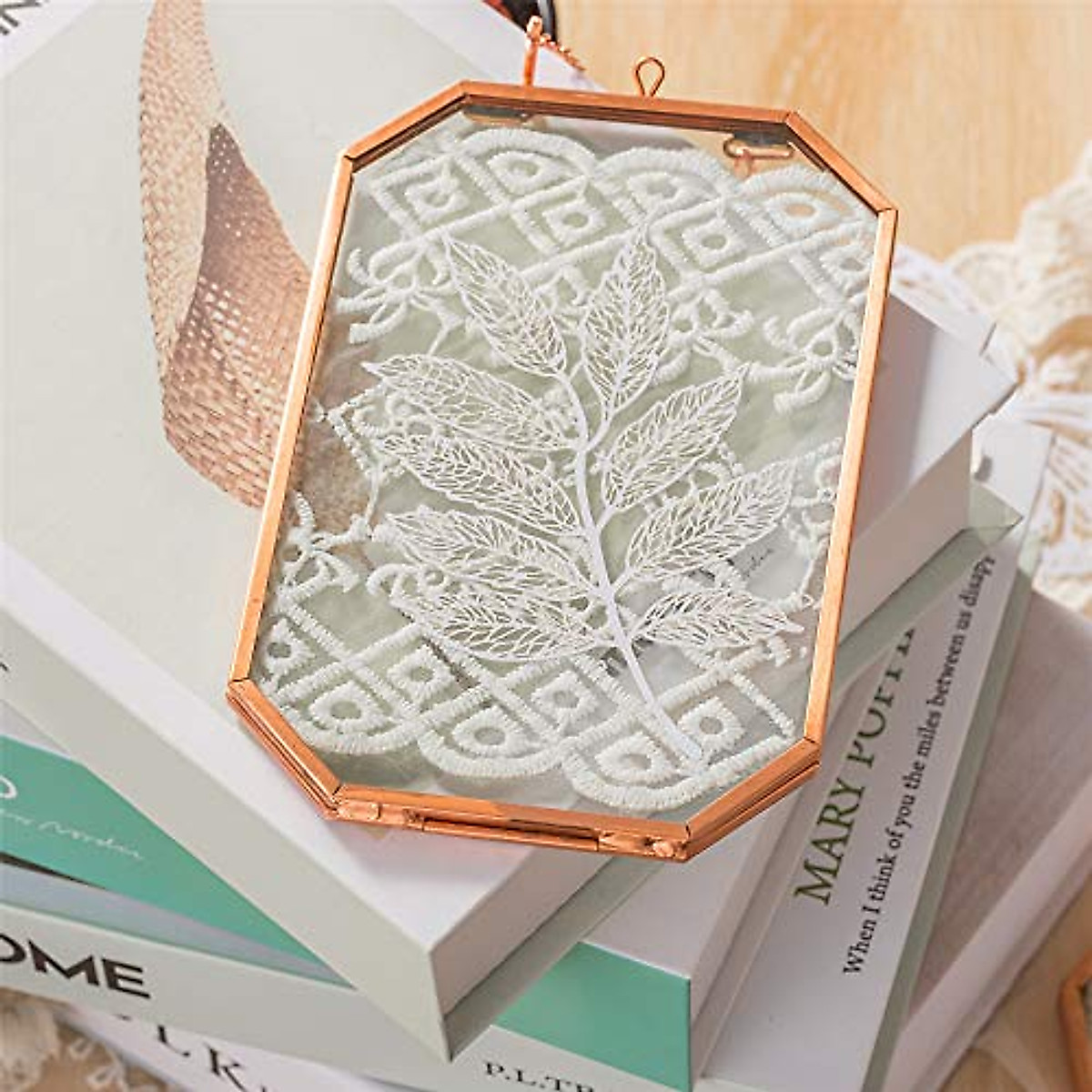 NCYP Wall Hanging 4X6 Inches Octagon Rose Gold Glass Frame for Pressed Dried Flowers, Handmade Double Glass Pure Copper Herbarium Frame, Floating Frame Style, Glass Frame Only