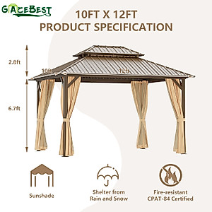 GAZEBEST 10x12 ft Hardtop Gazebo Outdoor Aluminum Patio Gazebo Double Roof Galvanized Steel Canopy with Netting and Curtains for Garden, Backyard, Deck and Lawns.