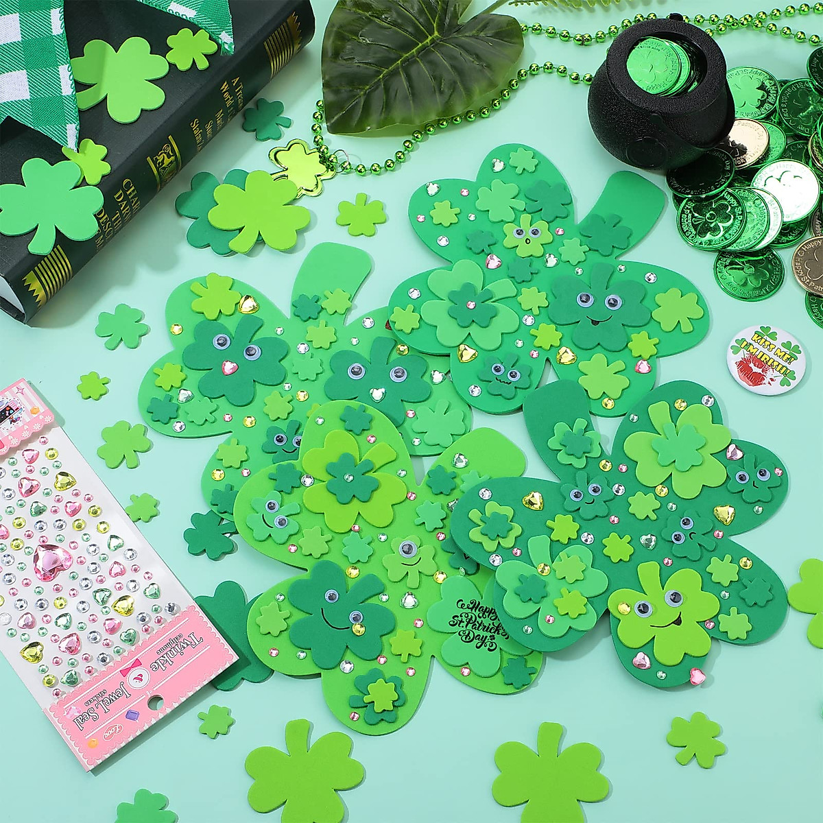 Tenare 662 Pcs St. Patrick's Day Foam Craft Kit for Kids Includes Lucky Irish Four Leaf Foam Sticker Shamrock Gem Sticker Self Adhesive Googly Eye Sticker for St. Patrick's Day Decor Party Favor Craft