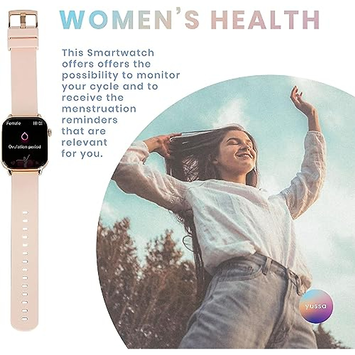 yussa Blood Pressure Smartwatch | Android Smartwatch &iPhone Compatible | Answer/Make Calls | Speaker | 2Straps | 1.86'' Full Screen | Fitness &Health Tracking | +20 Sports | Man and Woman (Pink)
