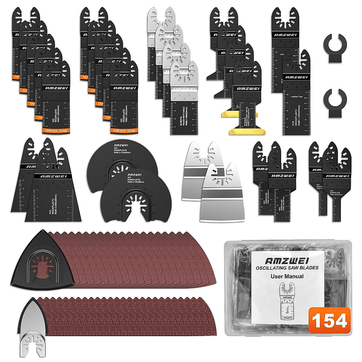 AMZWEI 154 Metal Wood Oscillating Tool Blade, Titanium Oscillating Saw Blades with Sandpaper, Quick Release Multi Tool Blades Kits for Dewalt Ryobi Milwaukee Rockwell Fein Makita