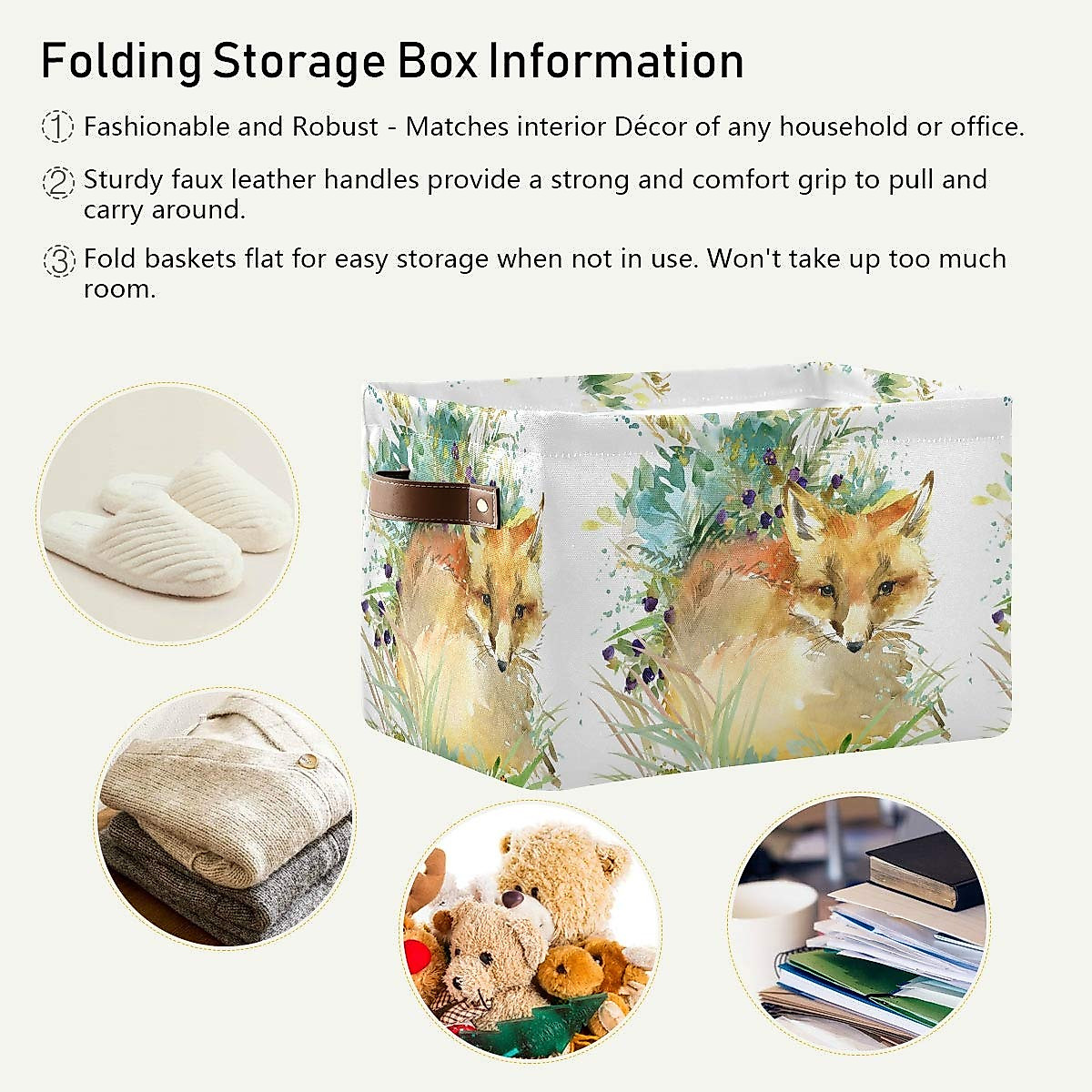 Storage Bins Basket Watercolor Abstract Animal Fox Collapsible Laundry Hamper Organizer Toys Cube Bag with Handles for Home Office Nursery Shelf Closet,1 Pack