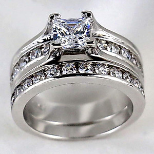 LOVERSRING Couple Ring Bridal Set His Hers Women White Gold Plated Cz Men Titanium Wedding Ring Band Set