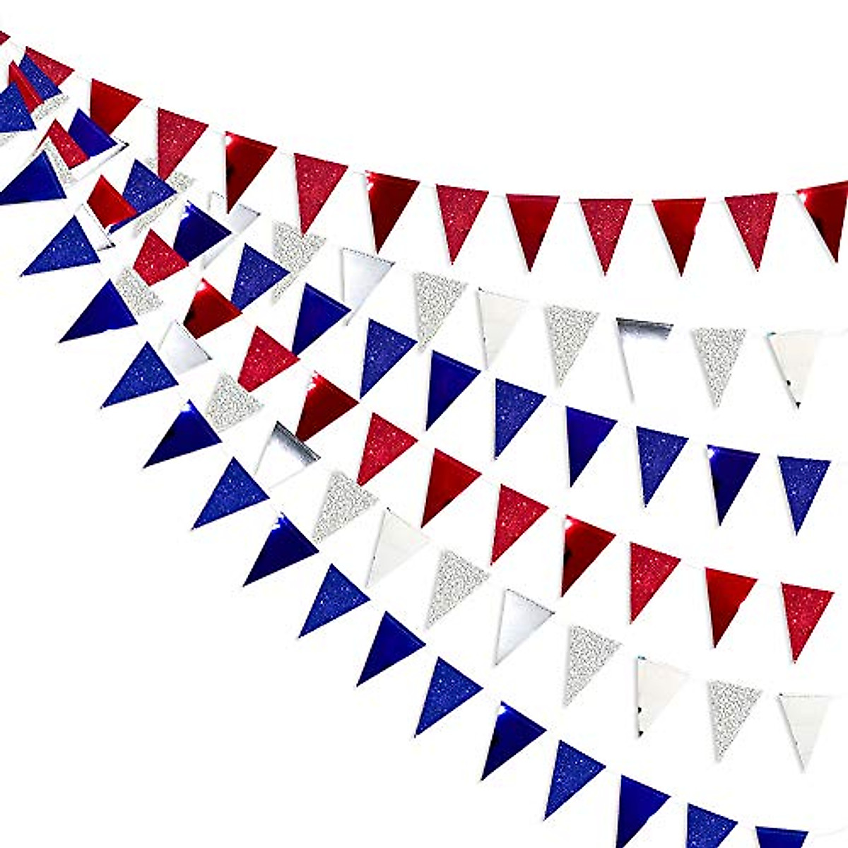 30 Ft Red Silver Blue Triangle Pennant Banner Bunting Double Sided Glitter Metallic Paper Flag Garland for 4th of July American Independence Day USA National Day Patriotic Party Decorations Supplies