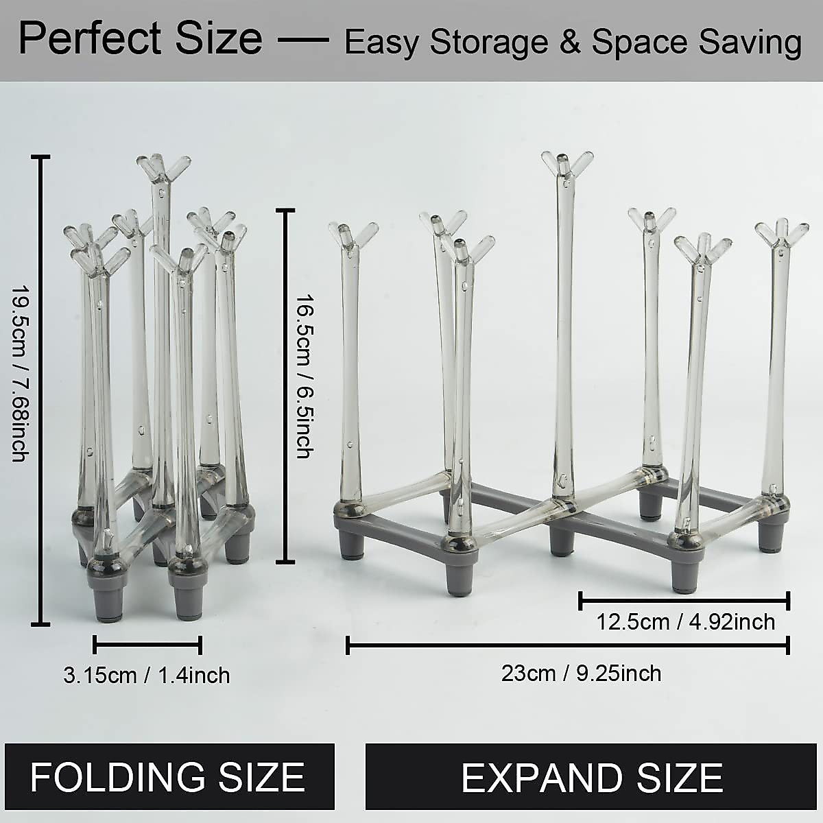 Retractable Cup Drying Rack, Drinking Glass Drainer Stand, Baby Bottle & Sports Bottle Draining Organizer, Countertop Mug Tree, Mugs & Tea Cups Storage Rack with Non-Slip Bottom, PP, Gray 2 Pcs