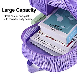 COVAX Heavy Duty Mesh Backpack, See Through College Mesh Backpack, Semi-transparent Mesh Bookbag with Bungee and Comfort Padded Straps for Commuting, Swimming, Beach, Outdoor Sports (Purple)