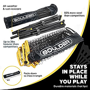 Boulder Badminton Pickleball Net - Height Adjustable Portable Net for Junior Tennis, Kids Volleyball & Soccer, and Backyard Games - Easy Setup Nylon Sports Net with Poles 10 ft/14ft/17ft Wide