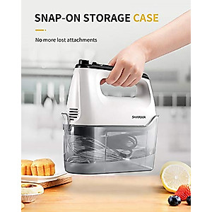 SHARDOR Hand Mixer Electric, 6 Speed & Turbo Handheld Mixer with 5 Stainless Steel Accessories, Electic Mixer for Whipping, Mixing Cookies, Brownie, Cakes, Dough Batters, Snap-On Storage Case, White