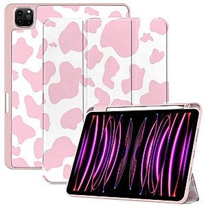 Deokke Compatible with iPad Pro 11 inch Case,4th/3rd/2nd/1st Gen(2022/2021/2020/2018) with Pencil Holder TPU Back Case,Auto Sleep/Wake Cover with iPad 2nd Pencil Charging-Pink Cow Pattern Western