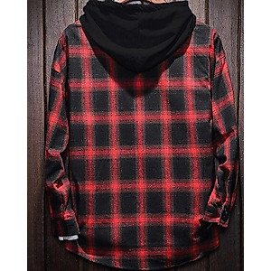 Mens Hooded Flannel Plaid Button Shirt Lightweight Long Sleeve Shirt Jackets with Hood Red Black