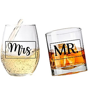 COOL AF Mr and Mrs Whiskey and Wine Glass Gift Set - Wedding Gift Glass Set For Bride and Groom - Engagement Gift for Couples and Newlyweds - Husband and Wife