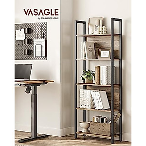 VASAGLE 5-Tier Bookshelf, Book Shelf, Industrial Bookcase, with Steel Frame, for Living Room, Home Office, Bedroom, 9.4" D x 24.4" W x 65" H, Rustic Walnut + Black