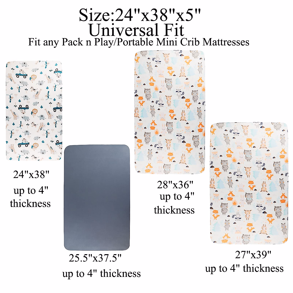 Tontukatu Pack n Play Sheet Stretchy Fitted Portable Mini Crib Sheets Set 3 Pack,Playard Sheets Convertible Playard Mattress Cover,Ultra Soft Jersey Material,Elephant Tiger,Fox & Grey