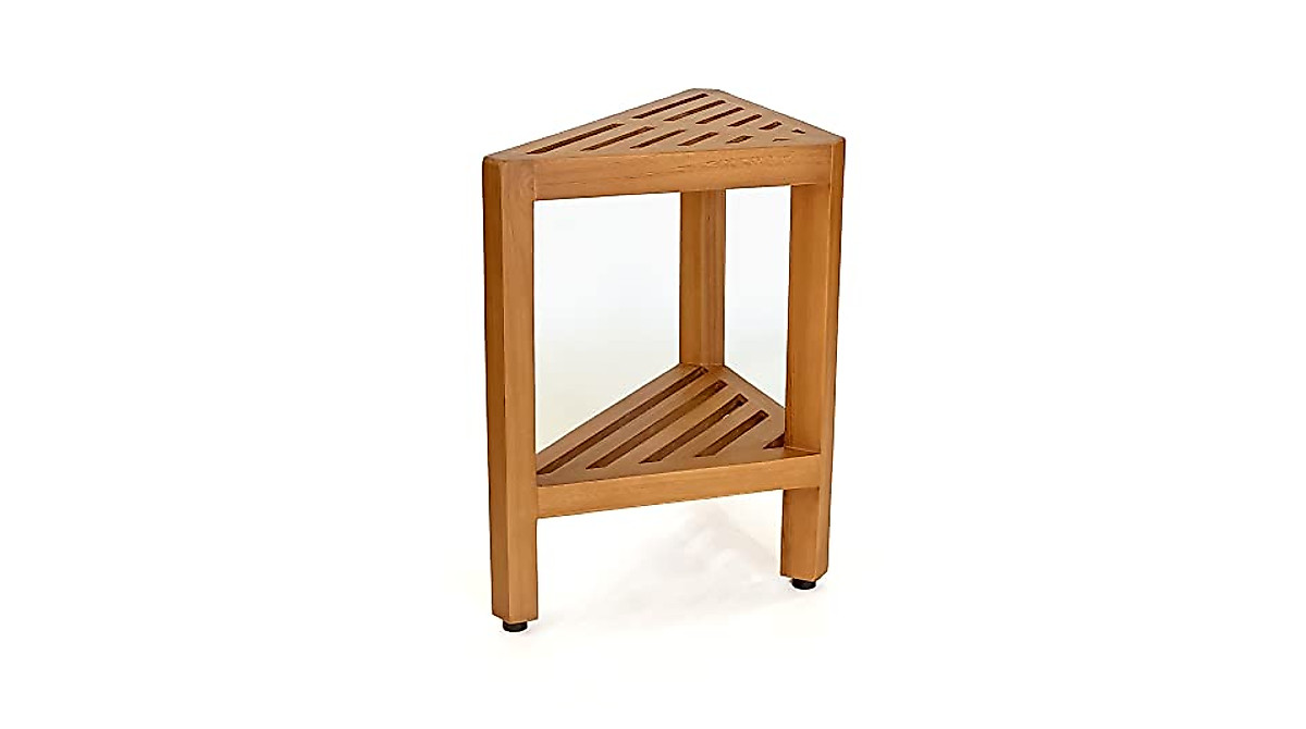 Durable Teak Corner Shower Stool with Shelf | Fully Assembled