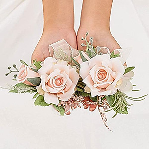 Campsis Wedding Handmade Wrist Flower Corsage Pink Leave Ribbon Bride Wristlet for Bridal Bridesmaid Prom Party Beach Photography 2PCS