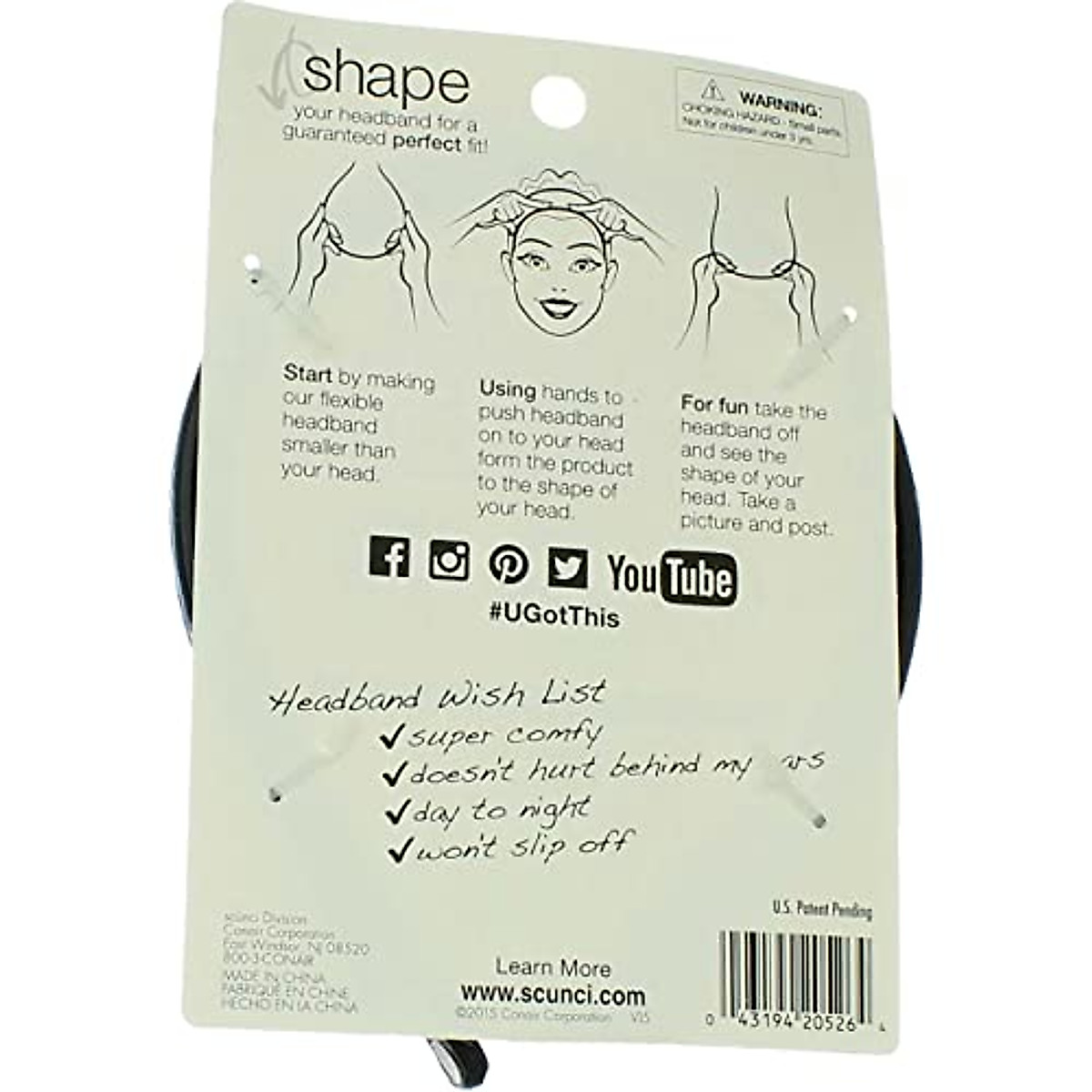 Scunci The Most Comfortable Headband Ever, Flexible No-Slip Grip, 2-pcs per Pack in Assorted Colors (1-Pack)