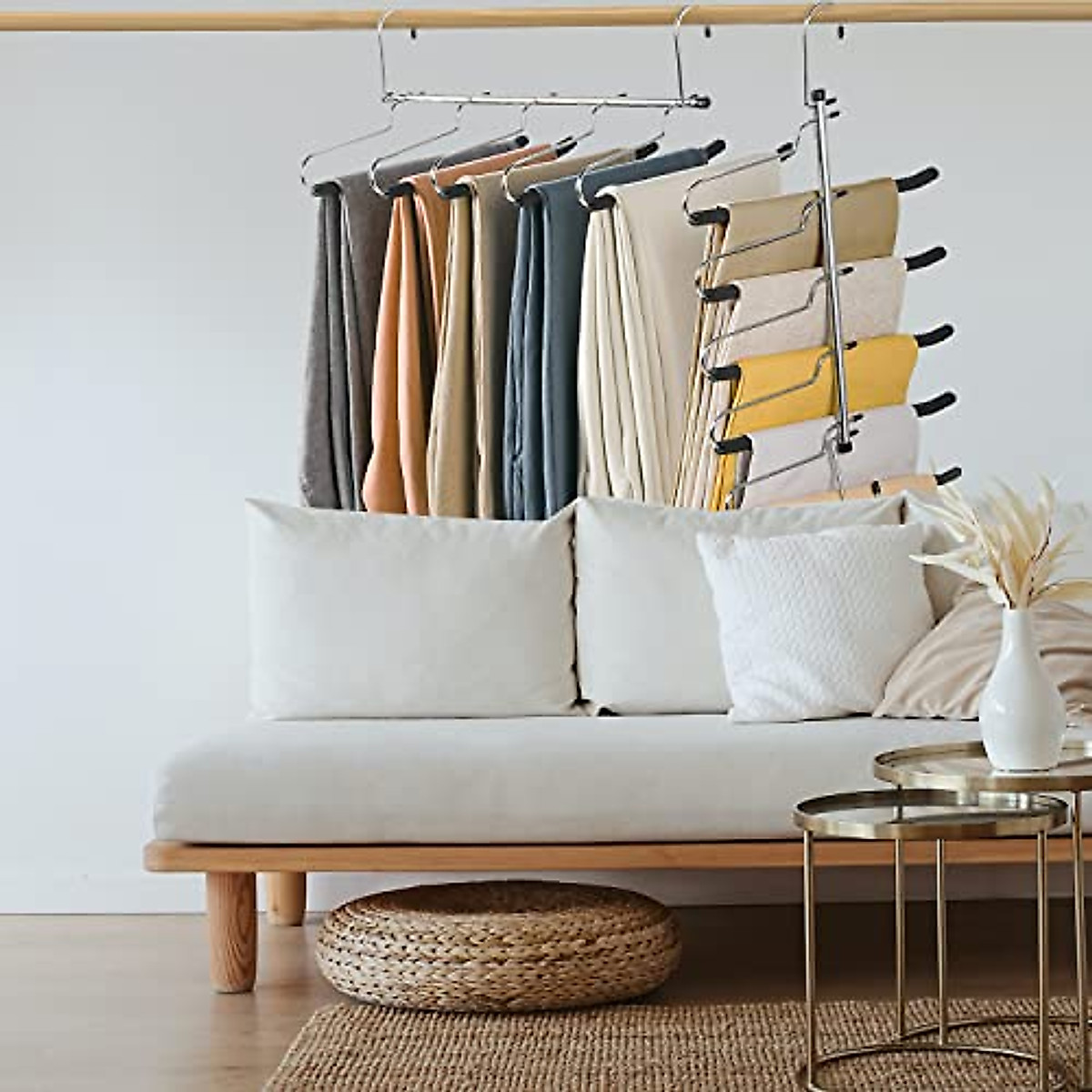 Pants Hangers Space Saving,5 Layers Pants Hangers with Non-Slip Foam Padded Swing Arm Trousers Hangers Heavy Duty Multi-Layer Pants Hangers Rack for Jeans Trousers Skirts Scarf(2 Pack)