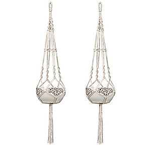Mkono Macrame Plant Hangers Indoor Outdoor Hanging Planter Basket Cotton Rope 4 Legs 41 Inch, 2 Pack, Ivory