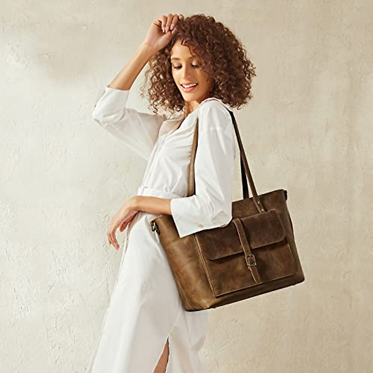 S-ZONE Women Genuine Leather Tote Bag Shoulder Handbag Bundle with Bucket Crossbody Purse