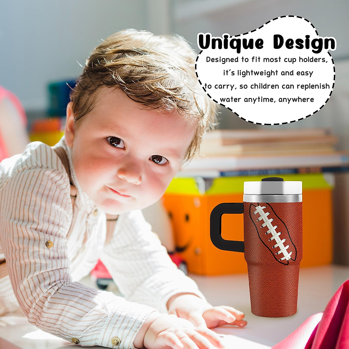 Football Gifts for Boys 8-12, Kids Football Tumbler with Handle and Straw 14 Oz, Insulated Stainless Steel Footballs Stuff Mug for Little Boys Girls Player Lovers Fans