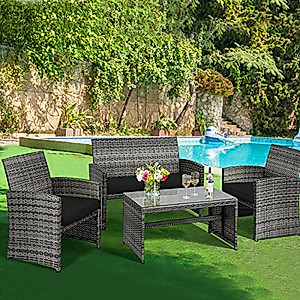 WYKDD 4PCS Patio Rattan Furniture Set Conversation Glass Table Top Sofa Cushioned Loveseat Single Chairs