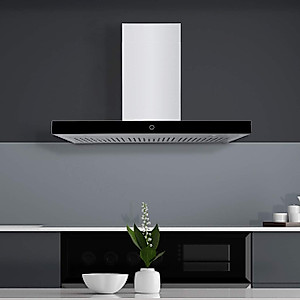 Hauslane Wall Mounted Range Hood 36 Inch WM-739, Powerful Suction, Wall Mount Kitchen Vent, Stainless Steel, Black Glass Panel, 3 Speed Touch Control, Baffle Filter Vented or Ventless 6" Duct
